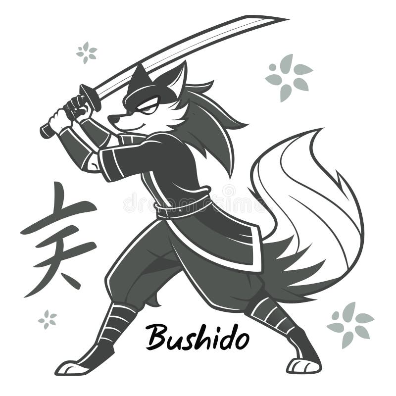 Cartoon Wolf Holding a Sword ,fox Dressed in Samurai Attire Stock ...