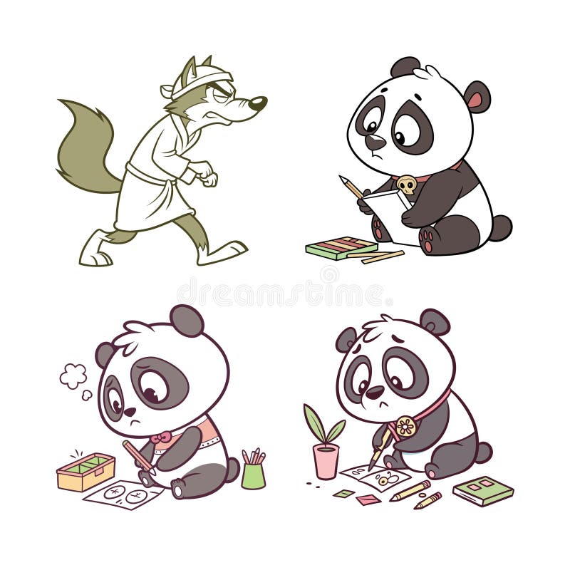 Cartoon Wolf and Pandas Learning To Draw Stock Vector - Illustration of ...
