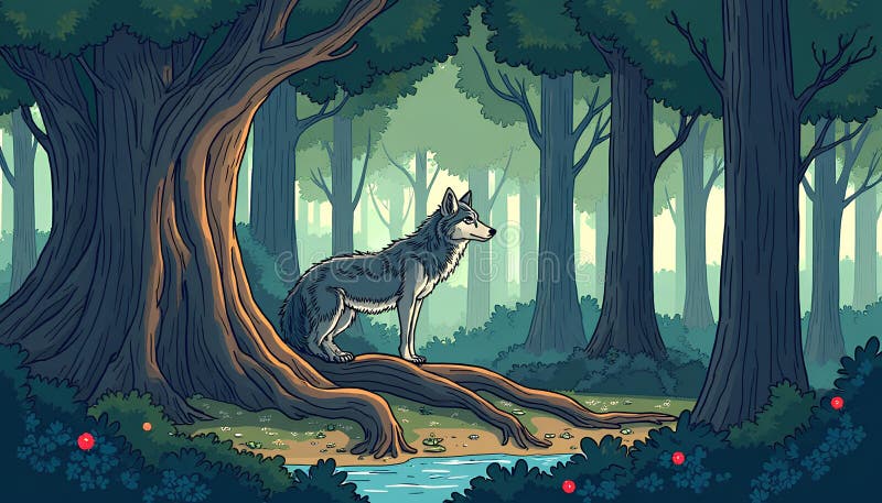 Cartoon Wolf Stands on Thick Tree Roots in a Dense Forest. the Wolf Has ...