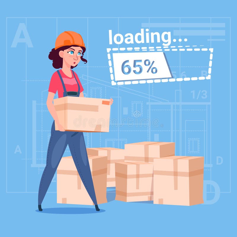 Cartoon Woman Builder Carry Boxes Over Abstract Plan Background Female ...