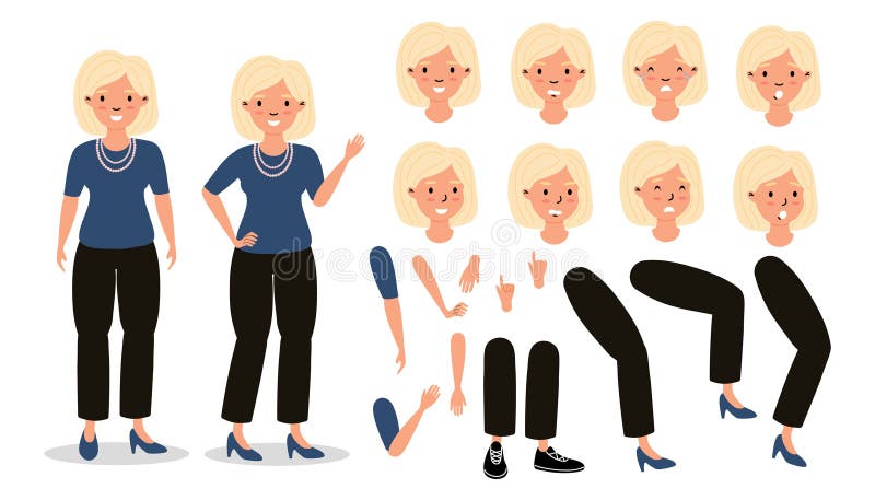 Vector Illustrations of a Cartoon Woman with Various Poses and Facial ...