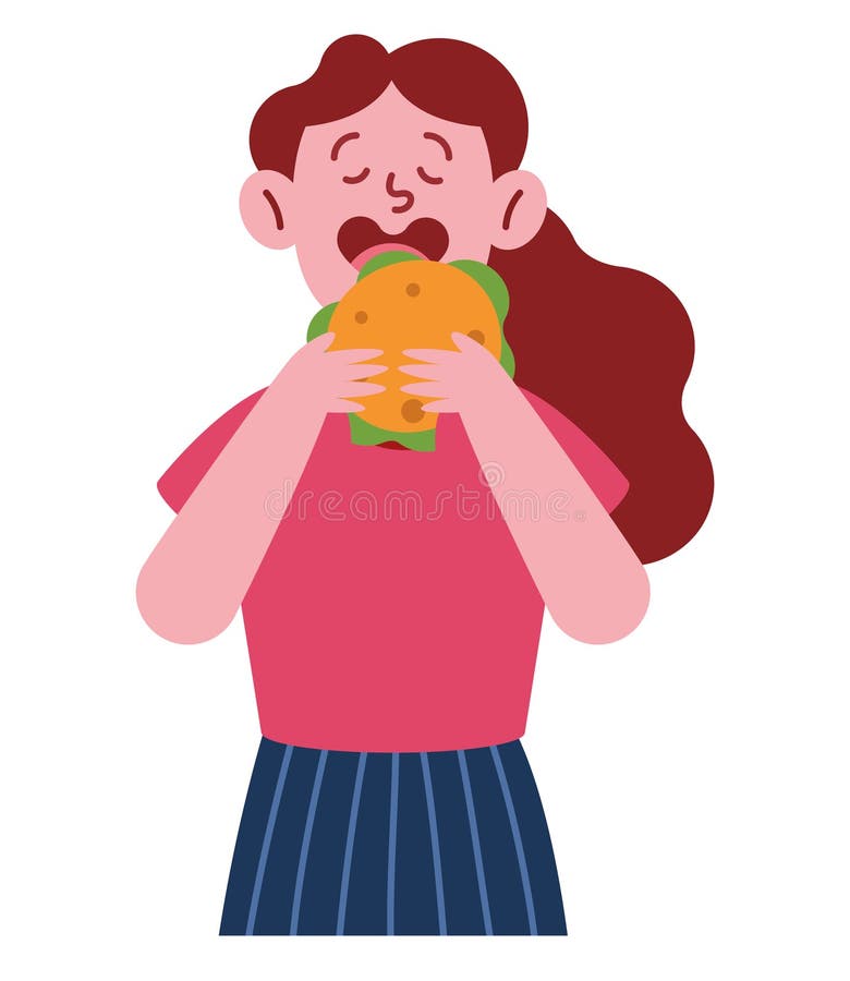 Cartoon Woman Eating Burger Stock Illustration - Illustration of junk ...
