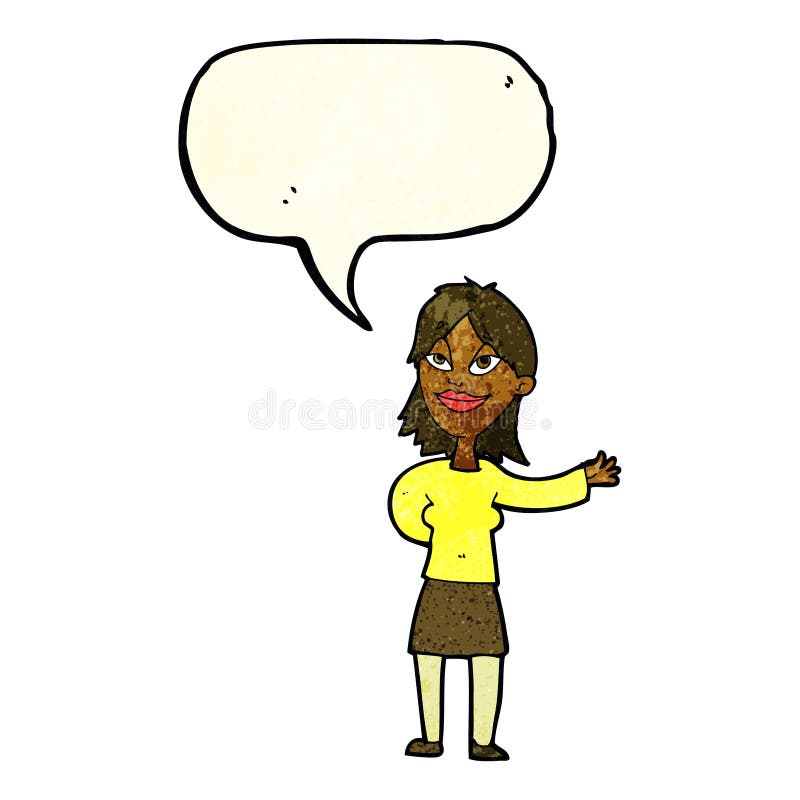 Cartoon Woman Gesturing To Show Something with Speech Bubble Stock ...