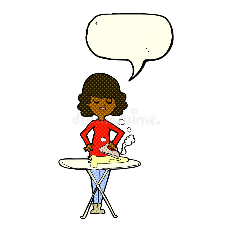 Cartoon Woman Ironing with Speech Bubble Stock Illustration ...