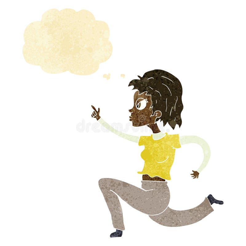 Cartoon Woman Running and Pointing with Thought Bubble Stock ...