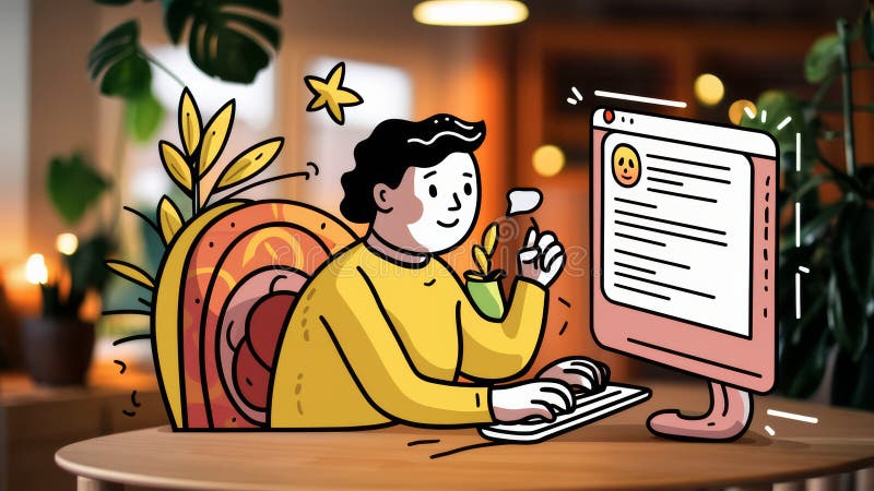 A Cartoon Woman Sitting at a Computer with Smiley Face, AI Stock Photo ...