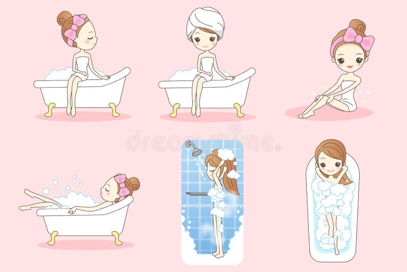 Cute Vector Illustration in Flat Cartoon Style with Girl Taking Bath ...