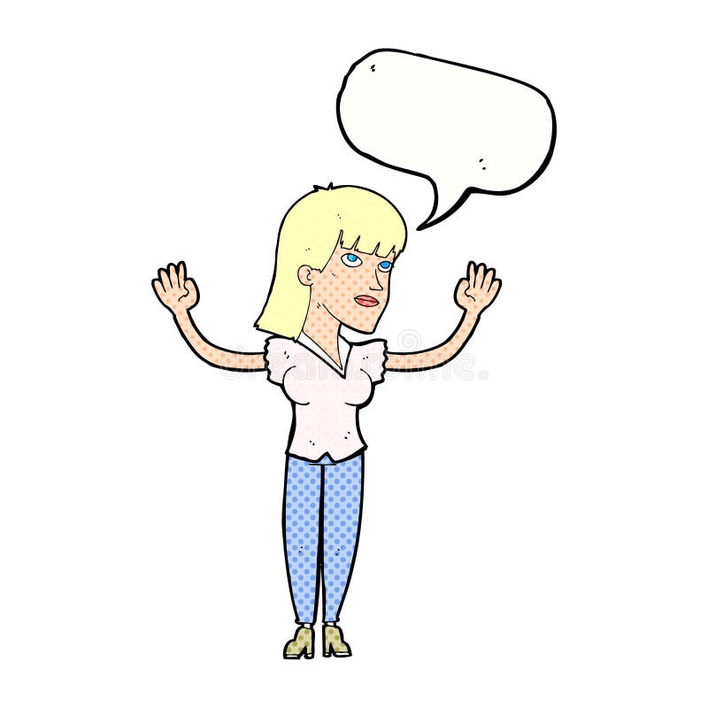 Cartoon Woman Throwing Hands in Air with Speech Bubble Stock ...