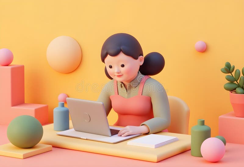 Cartoon Woman Using Laptop in Pastel Office Setting 3d Render Stock ...