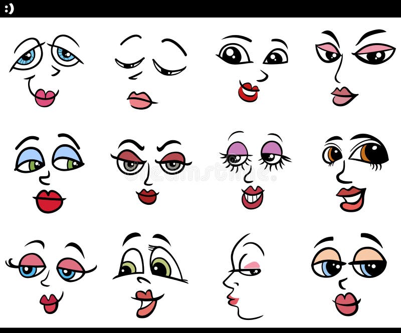 Cartoon Women Characters Faces or Moods Set Stock Vector - Illustration ...