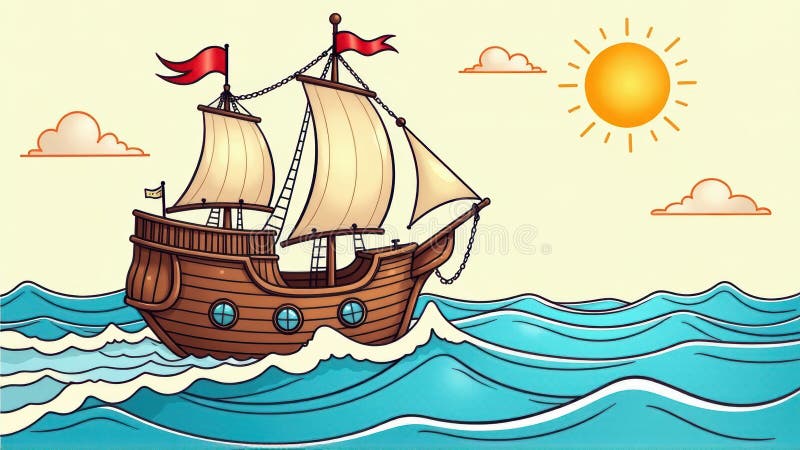 Cartoon Wooden Sailing Ship on the Ocean Stock Illustration ...