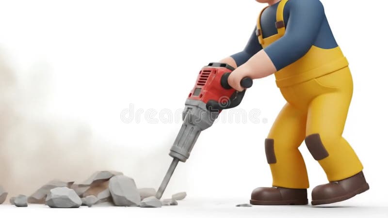 Cartoon Worker Demolishing with Jackhammer, Construction Site Stock ...