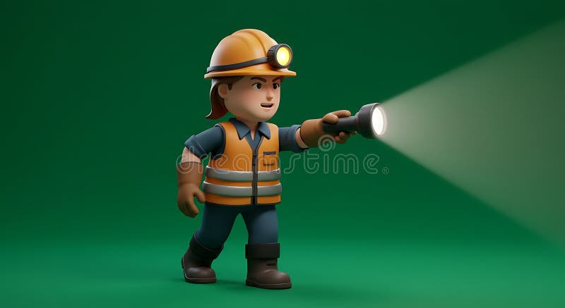 Cartoon Worker with Flashlight Illuminating in the Dark Stock ...