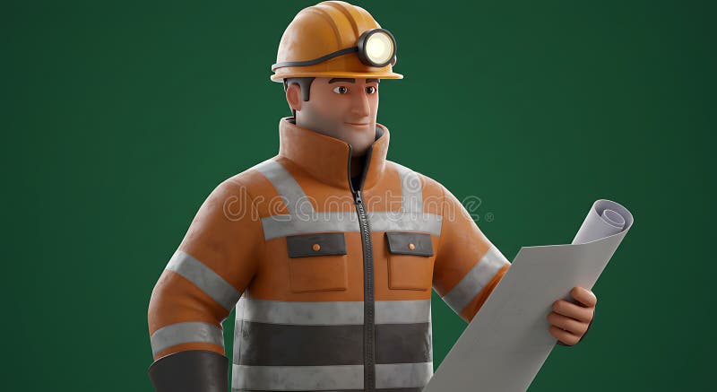 Cartoon Worker Inspecting Blueprint in Uniform and Hard Hat Stock ...