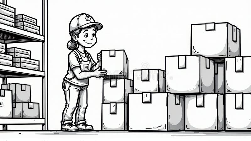 Cartoon Worker Packing Boxes in Warehouse Stock Illustration ...