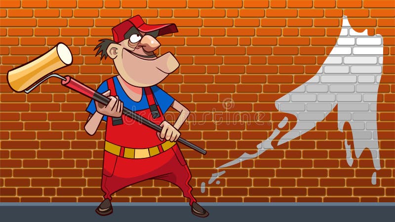 Cartoon Worker With A Stone In Hands On The Background Of The Wall ...