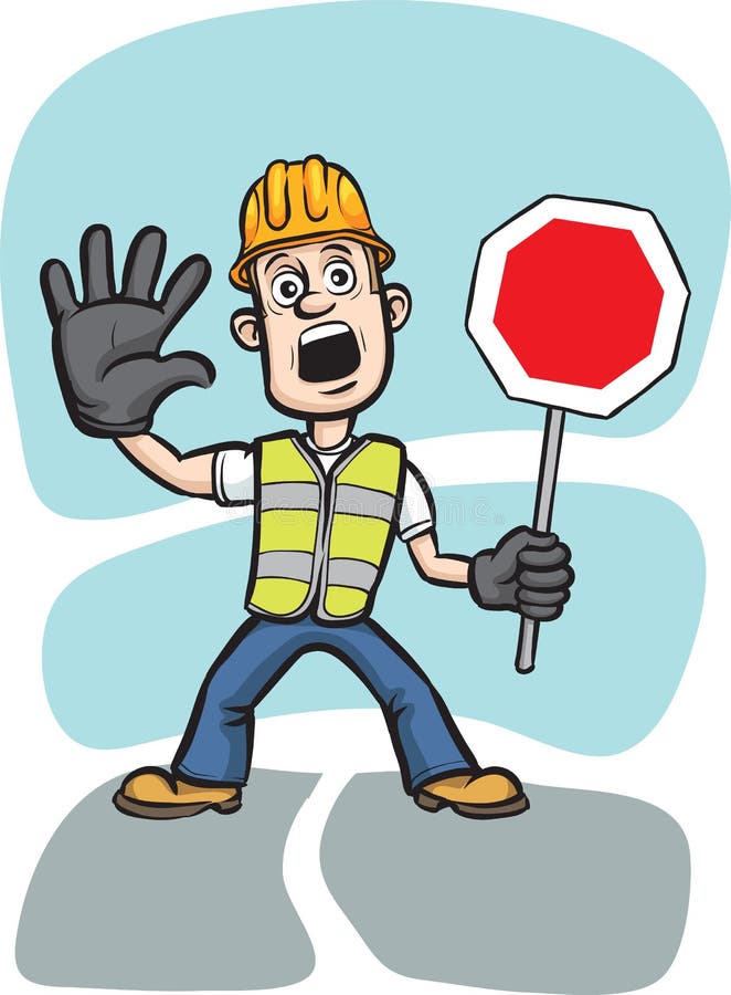 Cartoon Worker Warning with Stop Sign Stock Vector - Illustration of ...