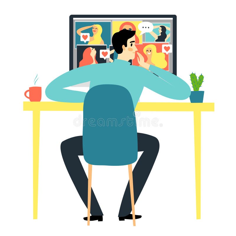 Cartoon Worker Watching Girls on Computer Screen Stock Vector ...