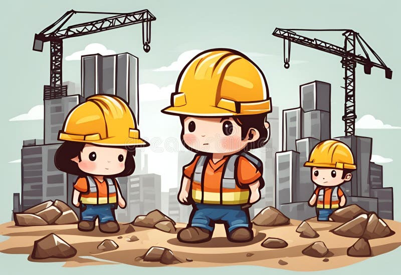 Cartoon of Workers Actively Building at Construction Site, AI Generated ...