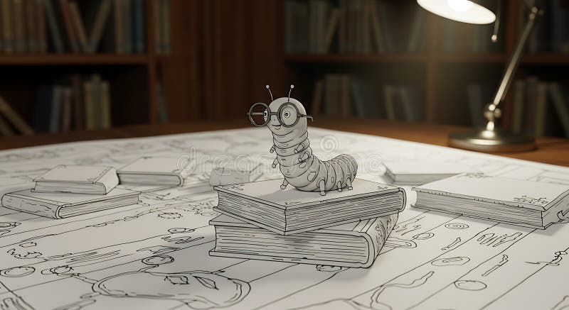 Cartoon Worm Wearing Glasses on Books in Library Setting Learning Stock ...