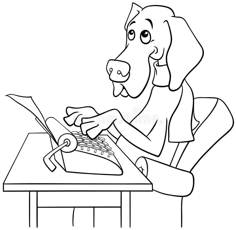 Cartoon Writer or Poet Dog with Typewriter Coloring Page Stock Vector ...