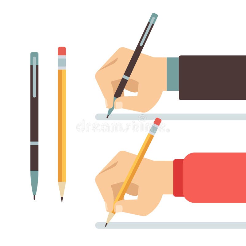 Cartoon Writing Hands with Pen and Pencil Flat Vector Illustration ...