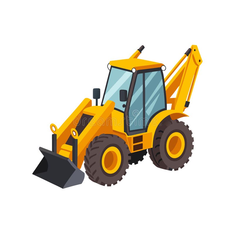 Cartoon Yellow Backhoe Loader, Construction Vehicle, Excavator ...