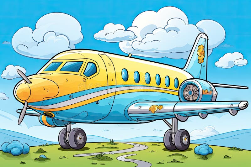 A Cartoon of a Yellow and Blue Plane on a Green Field. Generative Ai ...