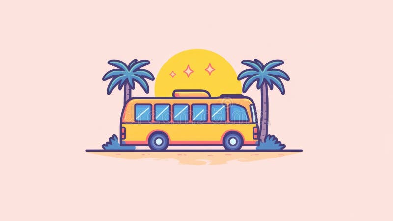 Cartoon Yellow Bus with Palm Trees and Sunset Illustration Stock ...