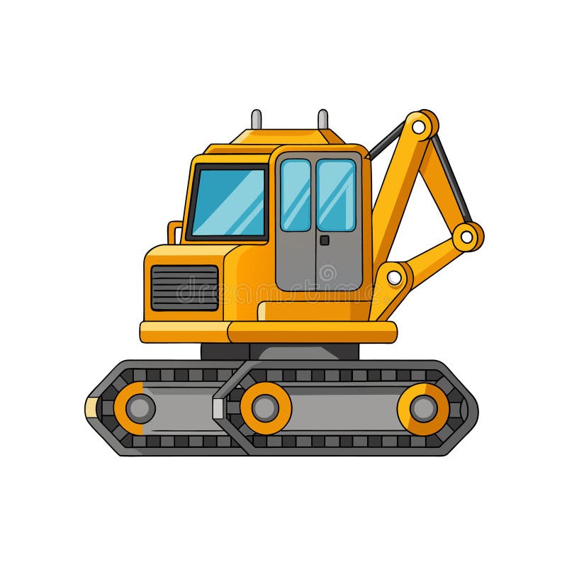 Cartoon Yellow Excavator Illustration with Tracks on White Stock ...