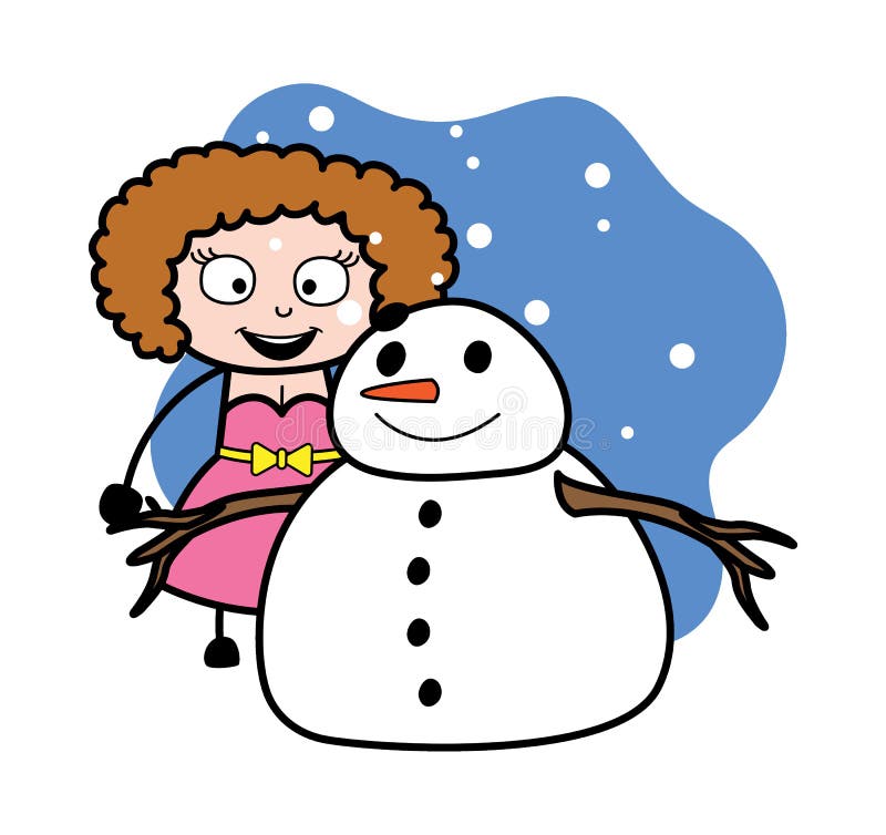 Cartoon Young Lady with Snowman Stock Illustration - Illustration of ...
