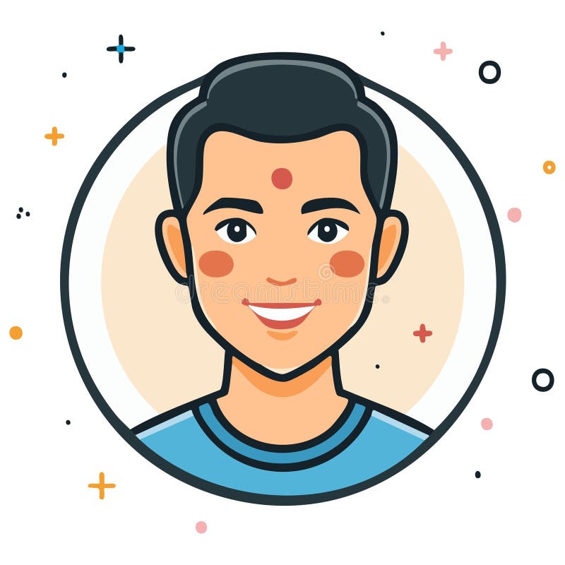 Cartoon Young Man Portrait with Red Bindi Smiling Inside Decorative ...