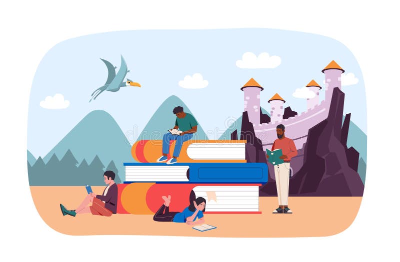 Cartoon Young People Read Stack of Books Stock Vector - Illustration of ...