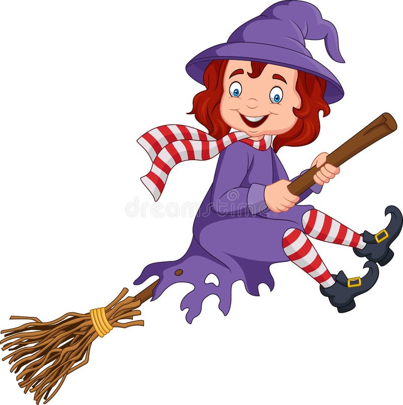 Cartoon Young Witch Flying on a Broom Stock Vector - Illustration of ...
