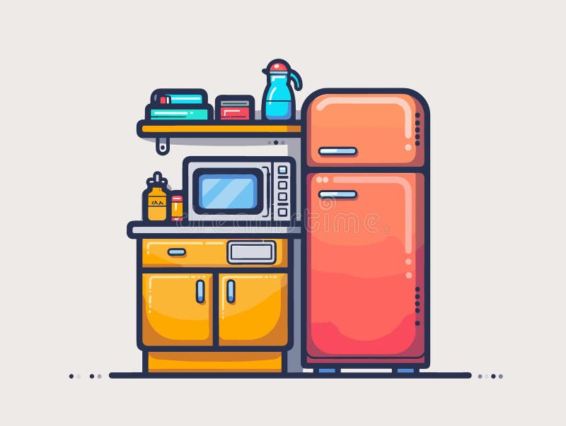 Cartoonish Drawing of a Kitchen with a Red Refrigerator and a Microwave ...