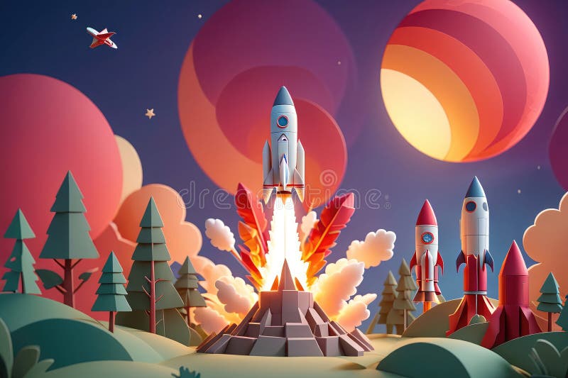 A Cartoonish Drawing of a Rocket Launch with a Red Stock Illustration ...