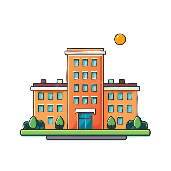 Cartoonish Illustration of a Building Complex with Trees and Sun Stock ...
