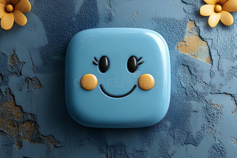 Cartoonish Light Blue Square Character with Smiley Face, Button Cheeks ...