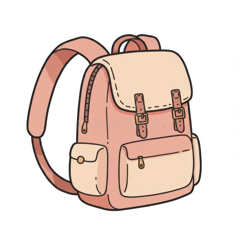 Cartoonish Pink Backpack with Beige Flap Pockets and Buckles on White ...