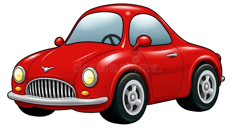 Cartoonish Red Car with a Rounded, Compact Shape. Features Include a ...