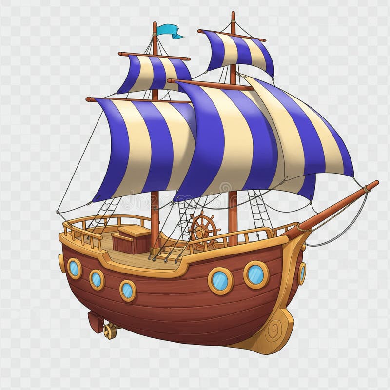 A Cartoonish Sailing Ship with a Wooden Hull and Multiple Round Windows ...