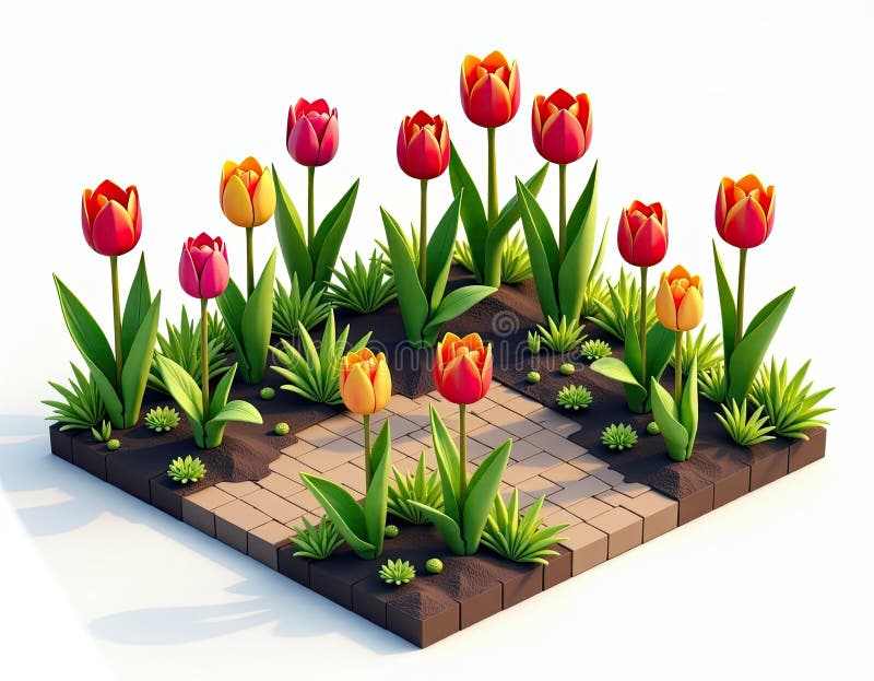 Cartoonish Tulip Garden on Block with Path Stock Illustration ...
