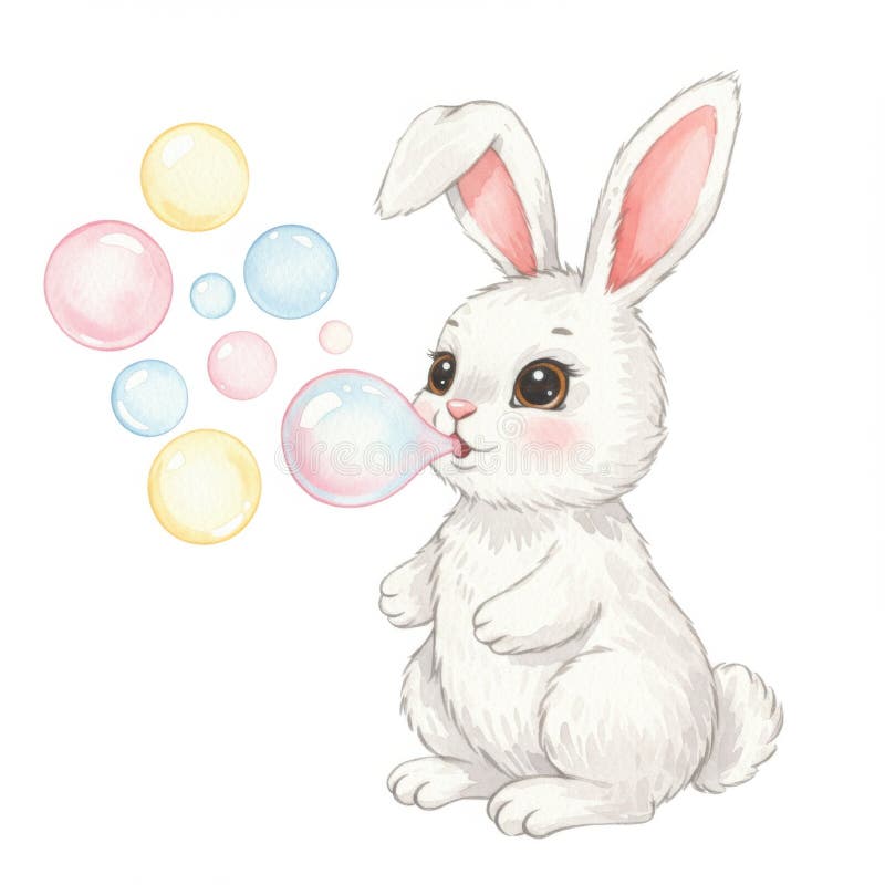 Cartoonish White Rabbit Blowing Colorful Bubbles on White Background ...