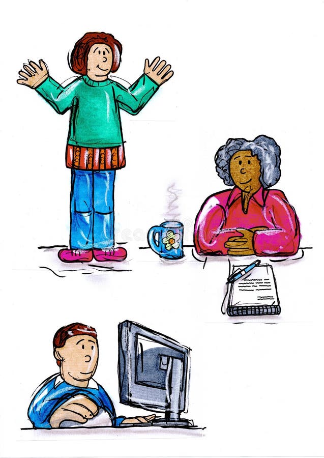 Cartoons of Three Characters Doing Different Activities. Stock ...