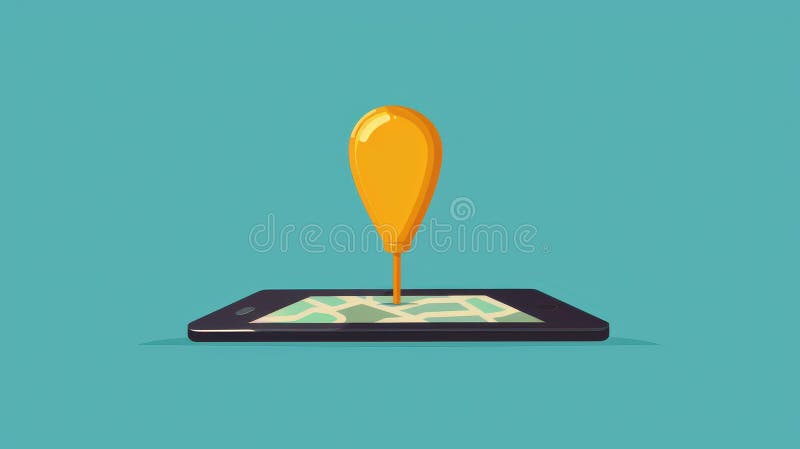 A Cartoonstyle Map Pin Rests on a Tablet, Set Against a Vibrant Blue ... A Cartoonstyle Map Pin Rests on a Tablet, Set Against a Vibrant Blue ...