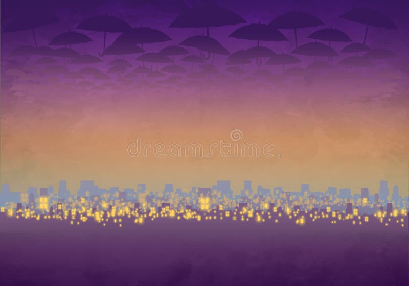 Cartoony Skyline Background at Sunset with Clouds, Umbrellas Stock ...