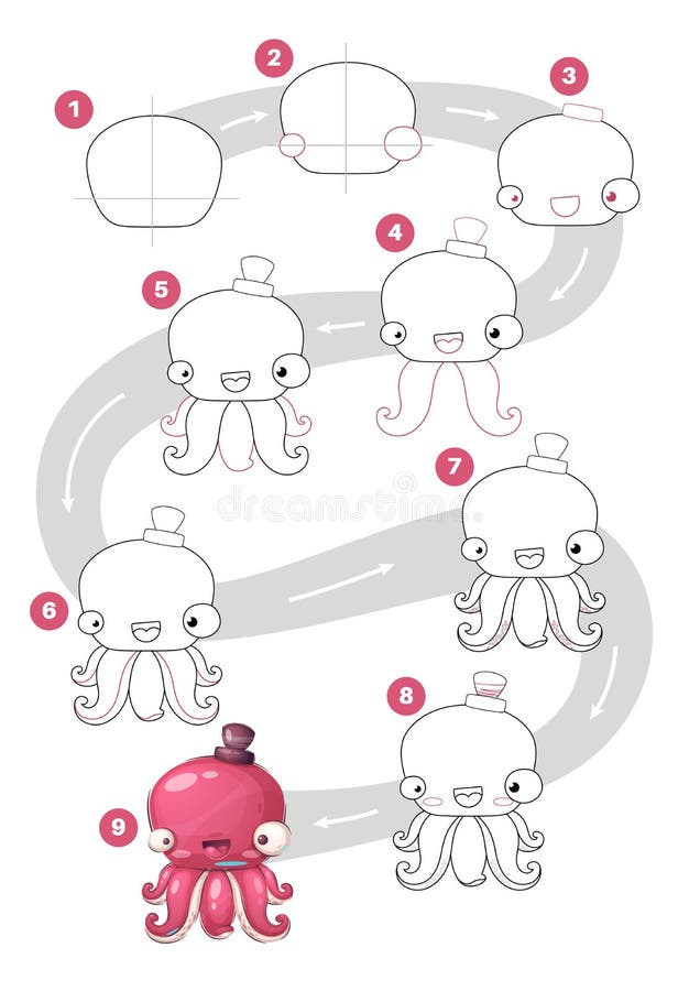Cartuun Character Kids Animal Octopus - Drawing Tutorial Stock Vector ...