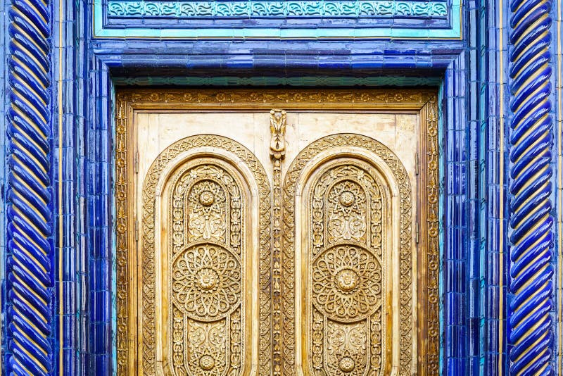 Carved Antique Wooden Doors with Patterns and Mosaics. Stock Photo ...