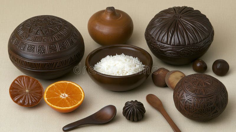 Carved Bowls, Rice, Fruit, Studio Shot, Food Styling Stock Photo ...