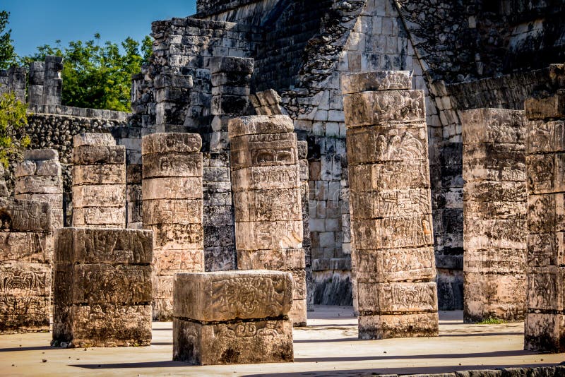 Carved Columns at Mayan Ruins of Temple of the Warriors in Chichen Itza ...